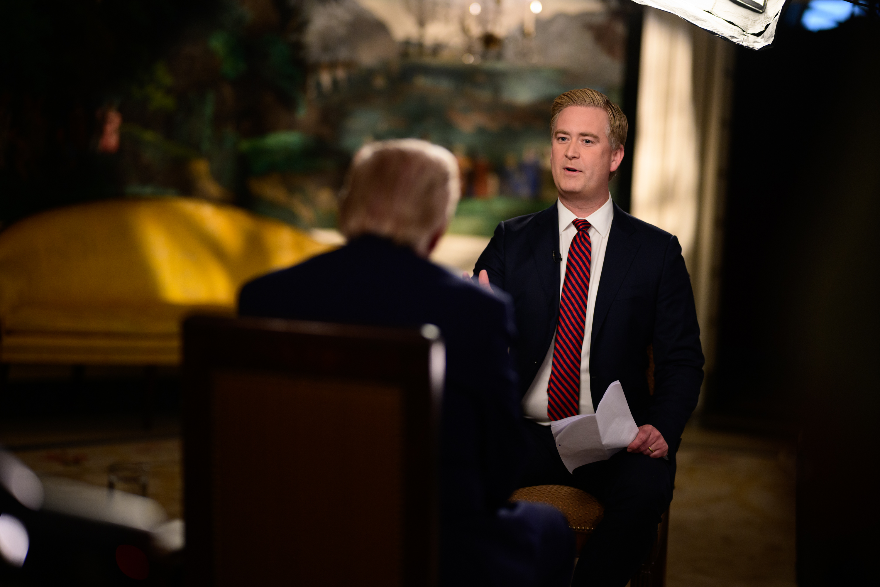 President Donald Trump sits for an interview with Fox News’ Peter Doocy ...