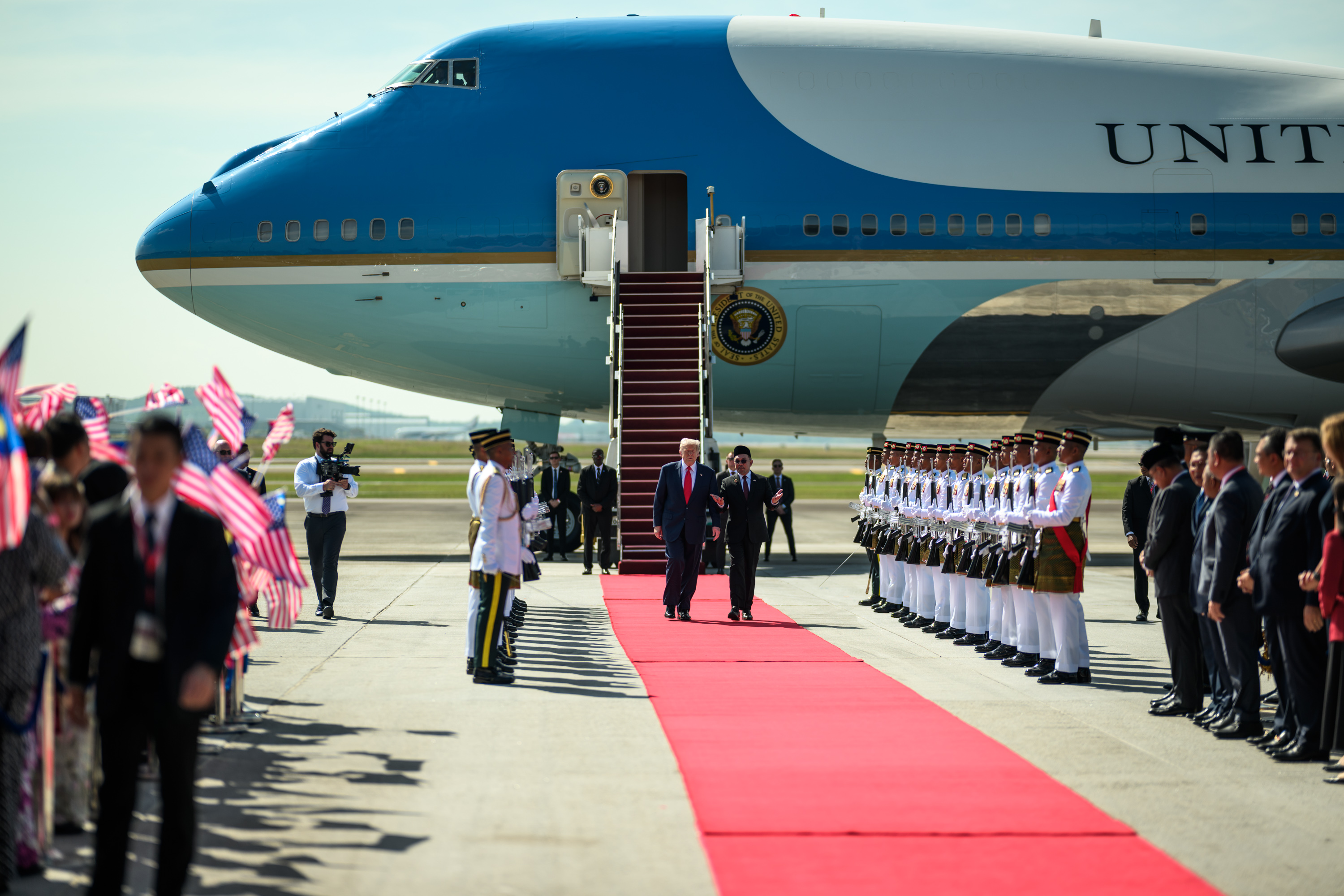 President Donald Trump participates in an arrival ceremony with ...