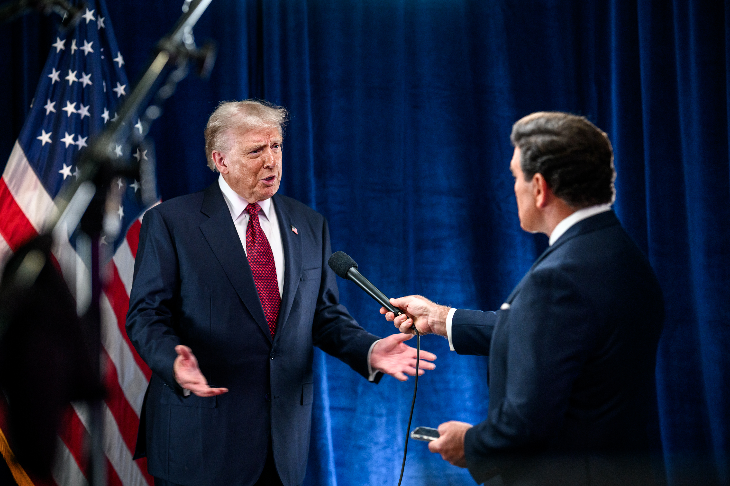 President Donald Trump participates in an interview with Fox News’ Bret ...